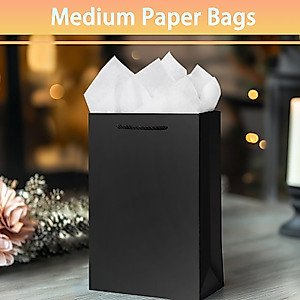 SHIPKEY 10 Pcs Luxury Black Bags with Tissue Paper, Gift Bags for Men, Groomsmen Proposal Bags 8x4x11 Kraft Paper Bags with Handles Bulk| Black Paper Bags, Black Gift Bags