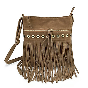 HOXIS Studded Tassel Zipper Pocket Faux Suede Leather Cross Body Bag Womens Purse (Brown)