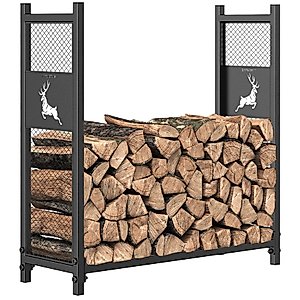 Mr IRONSTONE 4ft Firewood Rack, Outdoor Wood Rack for Firewood Storage Racks, with Hollow Craft Deer Pattern & Iron Grid for Hold Logs of Various Sizes, Heavy Duty Log Storage Bin Indoor for Fireplace