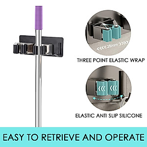 LINCAN Broom Holder Wall Mount, SUS304 Stainless Steel Mop Organizer, Heavy Duty Mop Broom Hanger with Hooks, Self Adhesive Storage Rack for Laundry Kitchen Garage Garden Storage, 3PCS