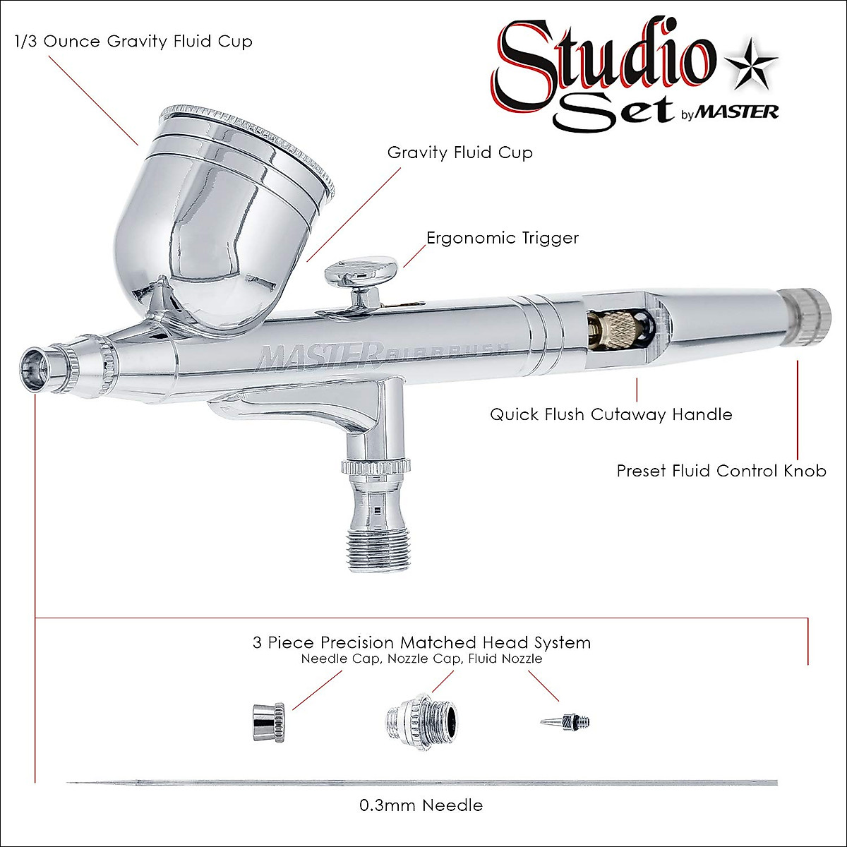 6 Pack Set of Multi-Purpose Precision Dual-Action Gravity Feed Airbrushes