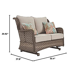 Signature Design by Ashley Clear Ridge Outdoor Handwoven Wicker Cushioned Loveseat Glider with 2 Throw Pillows, Light Brown