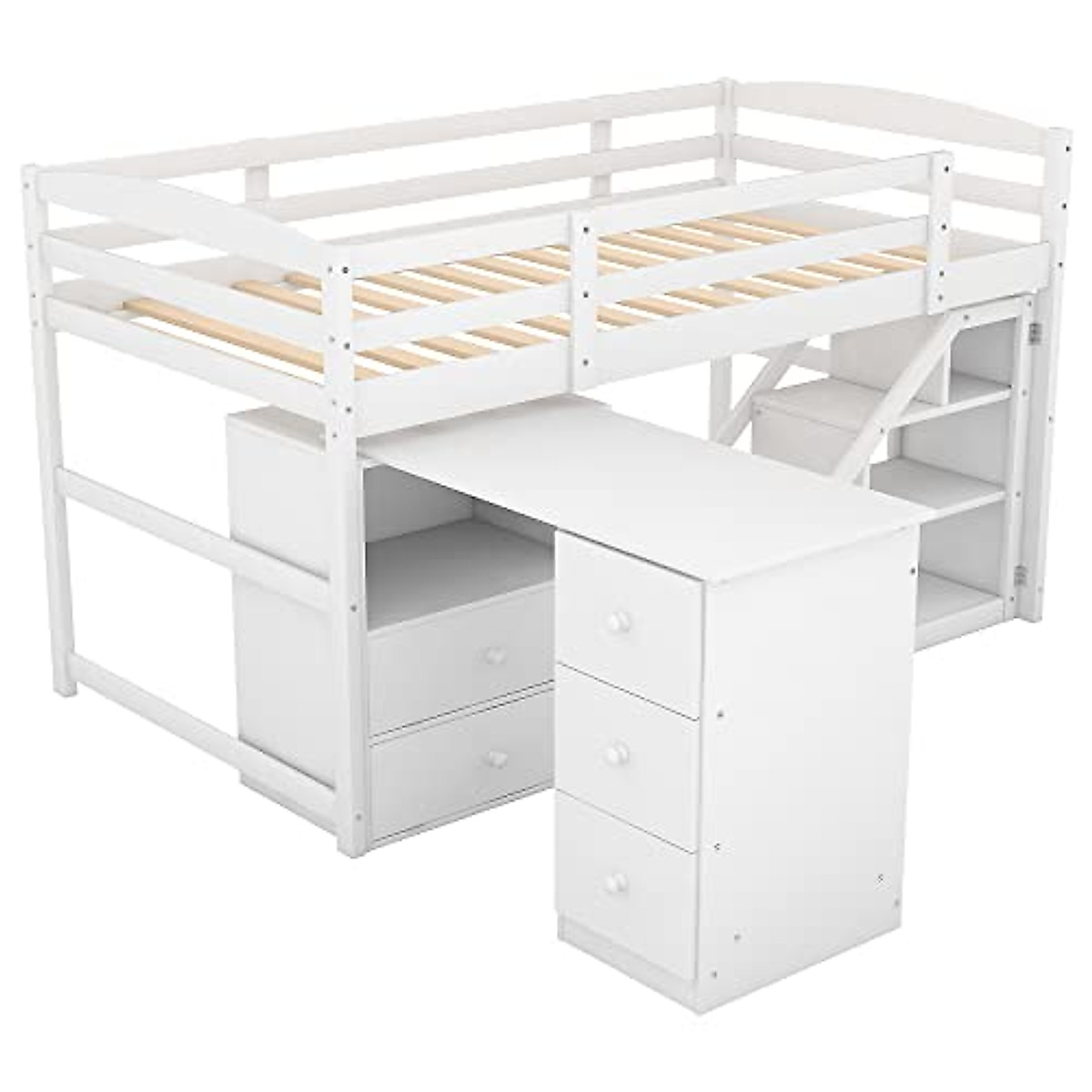 HYC Twin Loft Bed with Multifunctional Movable Built-in Desk, Wood Low Loft Bed with Stairs, for Kids Teens Girls Boys,White