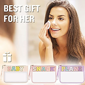 Chenille Letter Clear Snack Bags Purse Pouch, Monogram PVC & PU Clear Zipper Pouch with Wristlet, Waterproof Portable Glitter Snacks Makeup Beach Pouch Toiletry Bag for Women Girls (SNACKS-Pink)