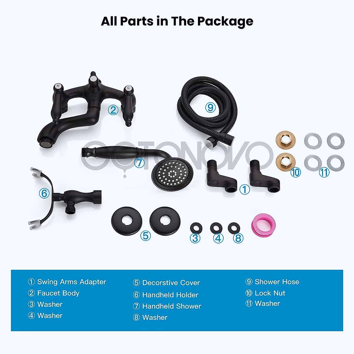 gotonovo Matte Black Wall Mount 3 3/8 Clawfoot Tub Faucet For Bathtub with Hand Held Shower Sprayer Double Level Handle with Hot and Cold Water Adapter Adjustable Swing Arms