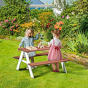 Outsunny Kids Picnic Table Set, Wooden Table & Bench Set, Kids Patio Furniture Outdoor Toys for Garden, Backyard, Aged 3-8 Years Old, Brown