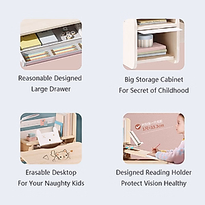 FCD Wood Adjustable Height Kids Study Desk with Chair, Reading Homework Drawing Table Computer Station Built-in Bookshelf Hutch, Tablet Holder, Tiltable Desktop and Storage Drawer (Pink, Wood of Fir)