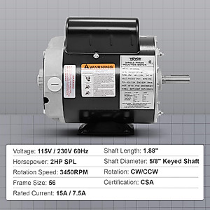 VEVOR 2HP SPL Air Compressor Motor, 3450 RPM Electric Motor, 115/230V, 15/7.5Amps, 5/8" Keyed Shaft 56 Frame, 1.88" Shaft Length for Air Compressors