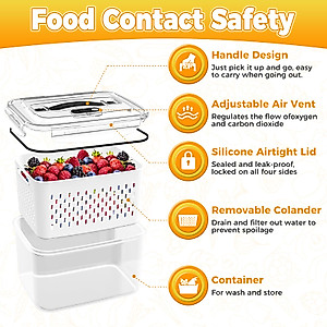 Loyala 3 PCS Fruit Containers for Fridge Food Storage Containers with Removable Colander Lids Airtight Fruit Storage Containers for Fridge Fruits Vegetables Strawberry Salad Meat（3pcs with handles）