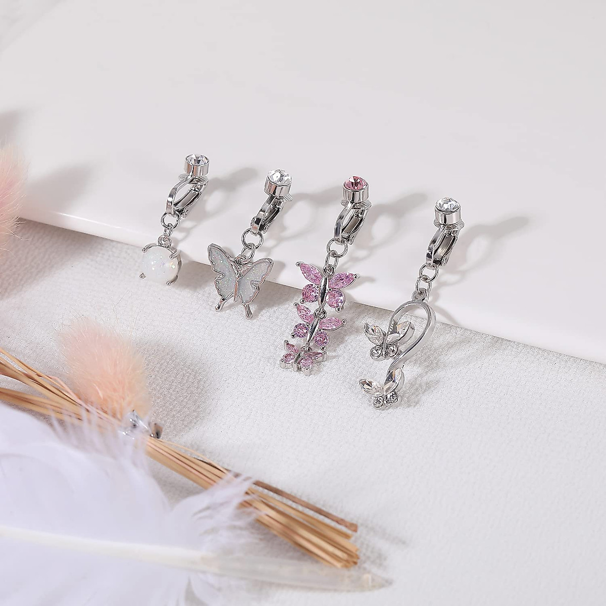 BodyAce 4pcs Fake Belly Rings Dangling Fake Belly Button Ring, Snake Evil Eye Heart Clip On Faux Navel Rings, Devil Butterfly Non Piercing Belly Jewelry (A:4pcs Fake Belly Rings)