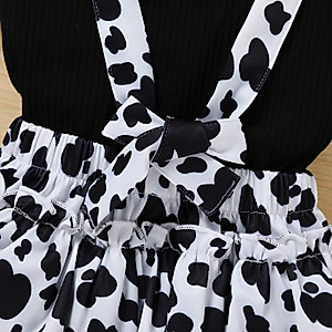 ZOELNIC Baby Girls Summer Clothes Knit Short Sleeve Top Bowknot Suspender Cows Print Ruffle Bloomer Headband Outfit Sets (Black, 6-12 Months)