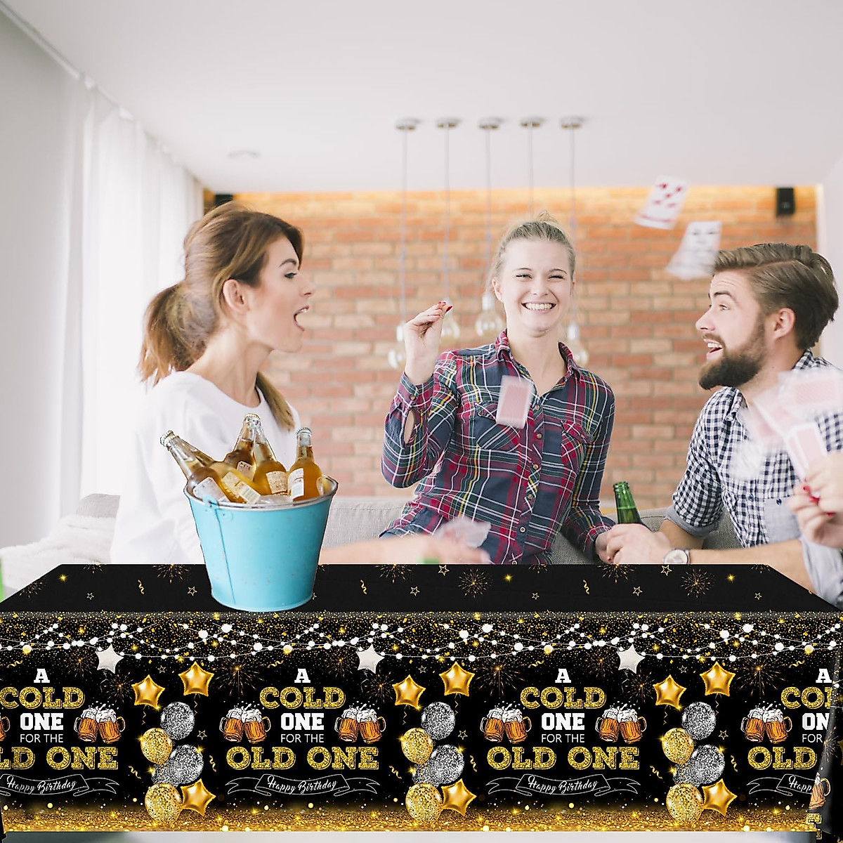 Juweked Beer Party Decorations,Black and Gold Happy Birthday Tablecloth for Men A Cold One for The Old One Plastic Tablecloth for 30th 40th 50th Birthday Cheers and Beers Party Supplies