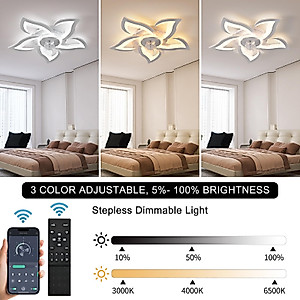 ZHMDJDSH 26" Geometric Ceiling Fan with Light Remote Control, 6 Speeds 3 Colors, White Low Profile Flush Mount Ceiling Light for Kitchen Bedroom Living Room