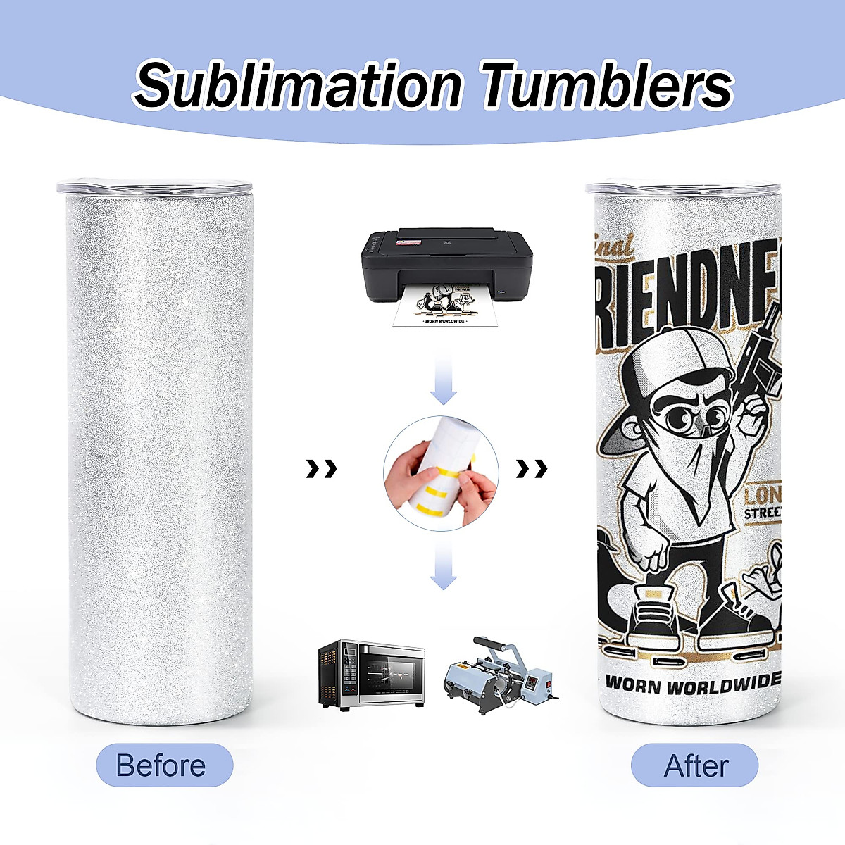 AGH 8 Pack Glitter Sublimation Tumblers - 20 oz Skinny Straight, White Double Wall Stainless Steel Insulated Cups with Straw, Straw Brush, Shrink Wrap, and Heat Resistant Tape.
