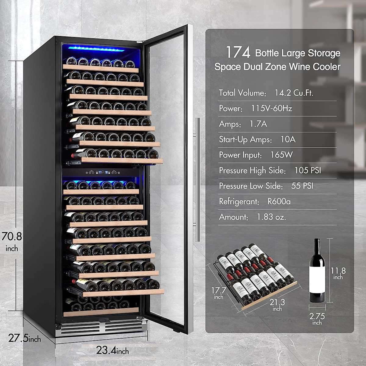 BODEGA Wine Cooler Refrigerator 24 Inch, 174 Bottle Dual Zone Wine Fridge with Double-Layer Tempered Glass Door and Temperature Memory Function,Built-in or Freestanding
