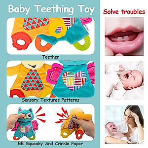 teytoy 2 Pcs Crinkle Toys for Baby with Teether, Baby Teething Sensory Toys Newborn Bib Saliva Soother Towel, Soft Snuggle Sleeping Security Blanket for Unisex Babies 0-36 Months Gifts(Owl and Deer)