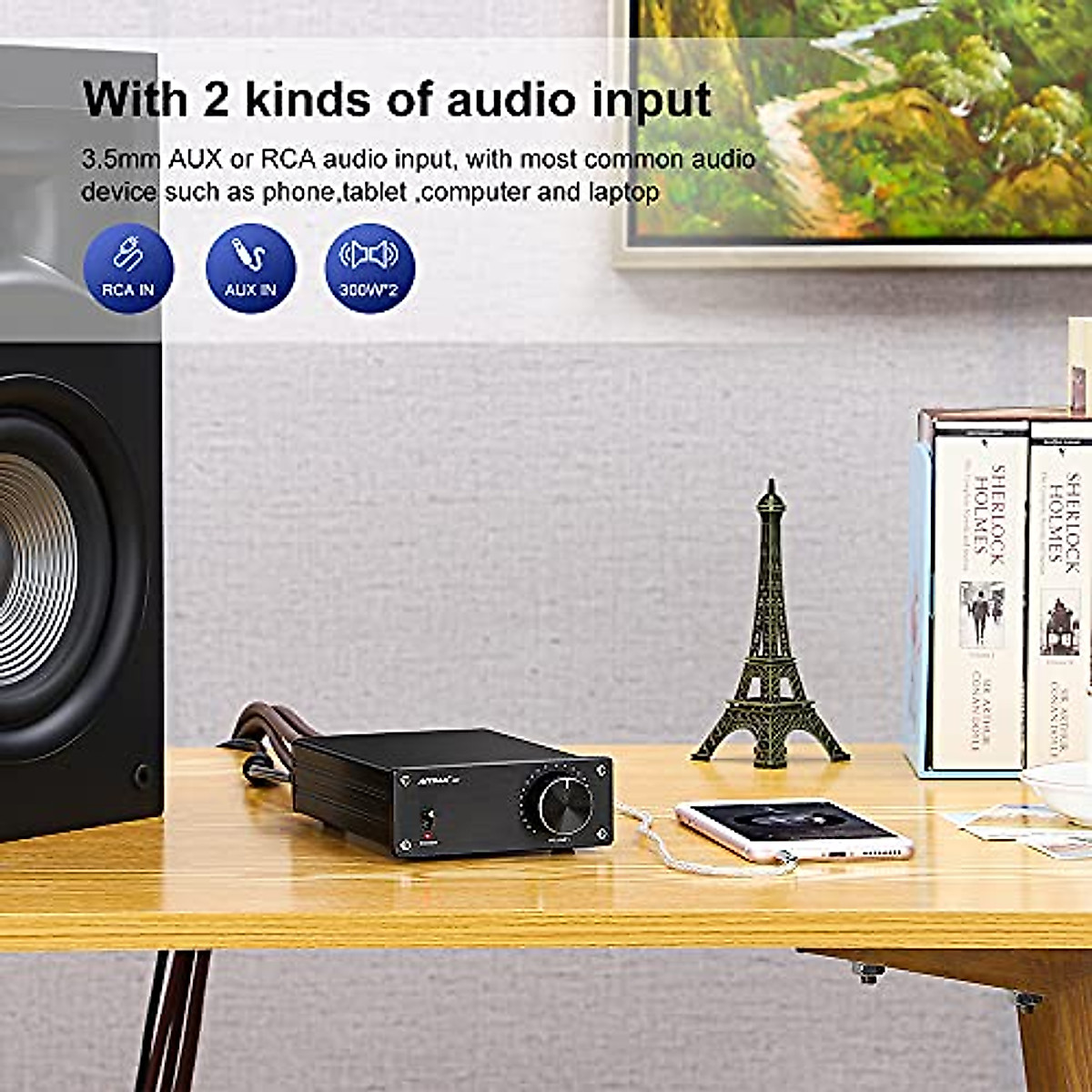 AIYIMA A07 TPA3255 Power Amplifier 300Wx2 HiFi Class D Stereo Digital Audio Amp Mini 2 Channel Amplifier for Passive Speaker Desktop Bookshelf Home Theater System with DC 32V Power Adapter