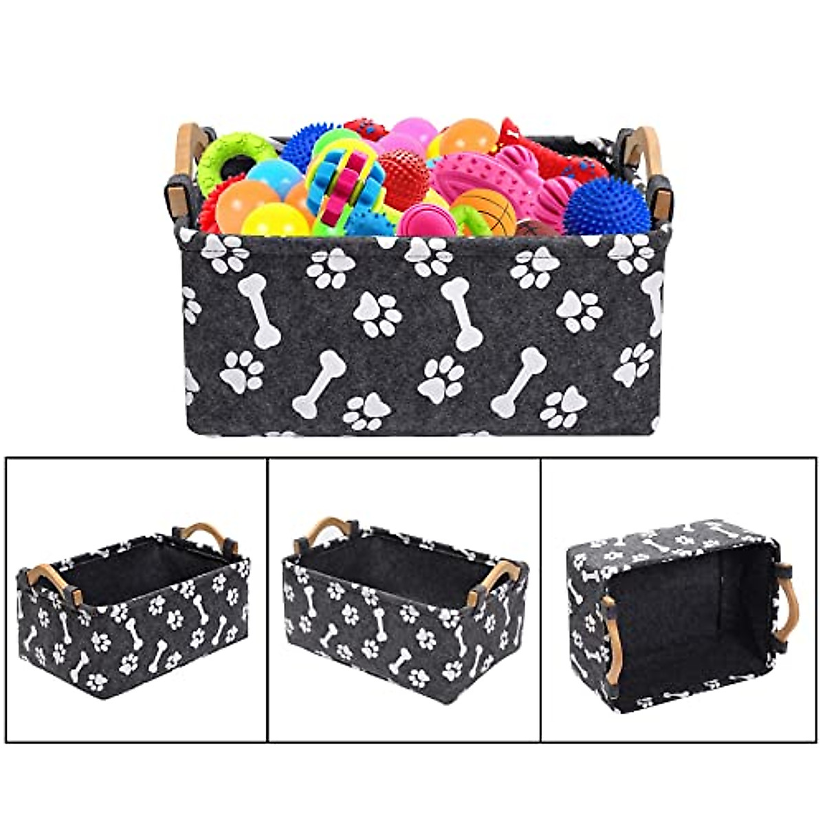 Geyecete dog toy box bin storage basket bins - with Wooden Handle, Printing felt Pet supplies storage Toy Chest Storage Trunk-Gray