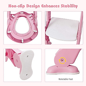 BABY JOY Kids Portable Potty Training Toilet Seat w/Step Stool Ladder, Foldable and Adjustable Toddler Toilet Training Seat Chair for Boys Girls Toddlers, Non-Slip Pads and Soft Cushion Seat (Pink)