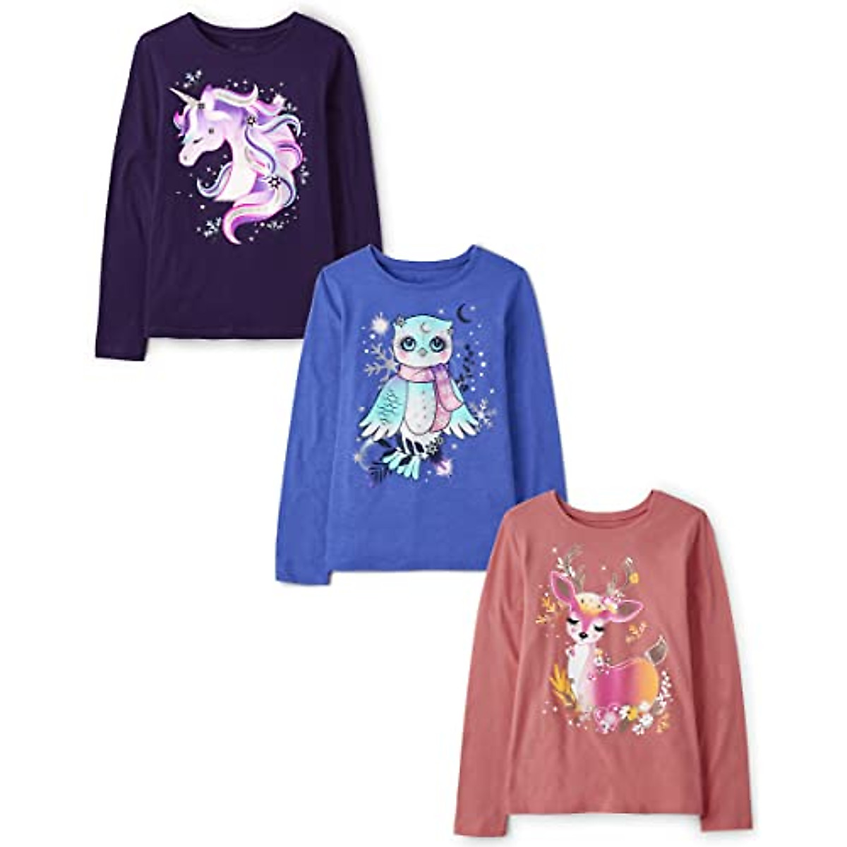 The Children's Place Girls Animal Long Sleeve Graphic T-Shirts,Multipacks Winter Deer/Owl/Unicorn 3-Pack Large