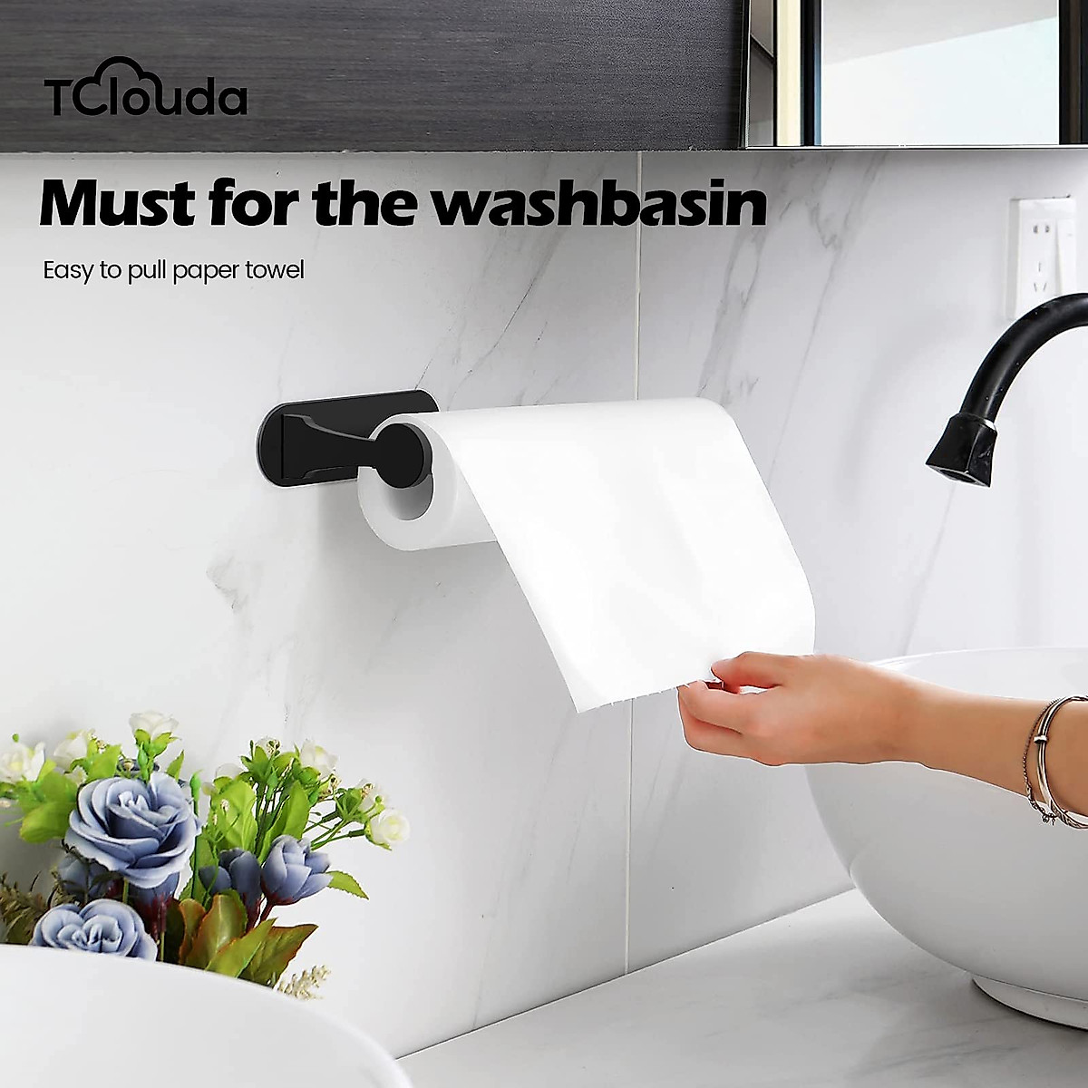 Paper Towel Holder Under Cabinet and Counter, Tclouda Aluminum Alloy Wall Mountd Paper Towel Rack, Available in Adhesive and Screws, Single Black