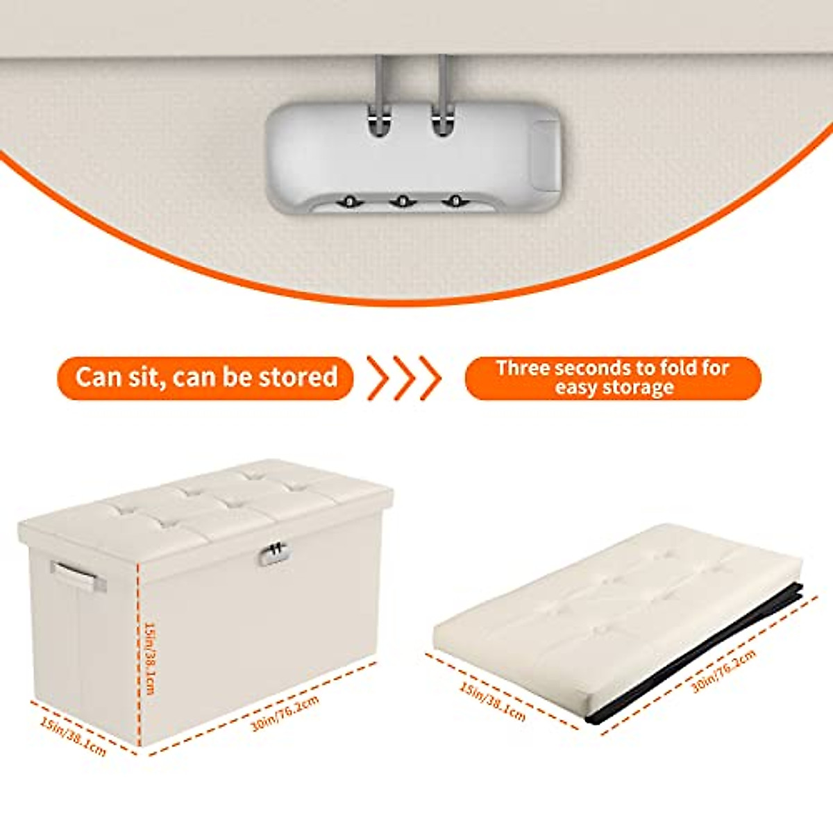 Tamfile 30 inches Folding Storage Ottoman with Lock,Fireproof Bedroom Bench with Storage,Beige Footrest with Foam Padded Seat,Ottoman Foot Rest for Bed Room,Storage Chest, Foot Rest Stool