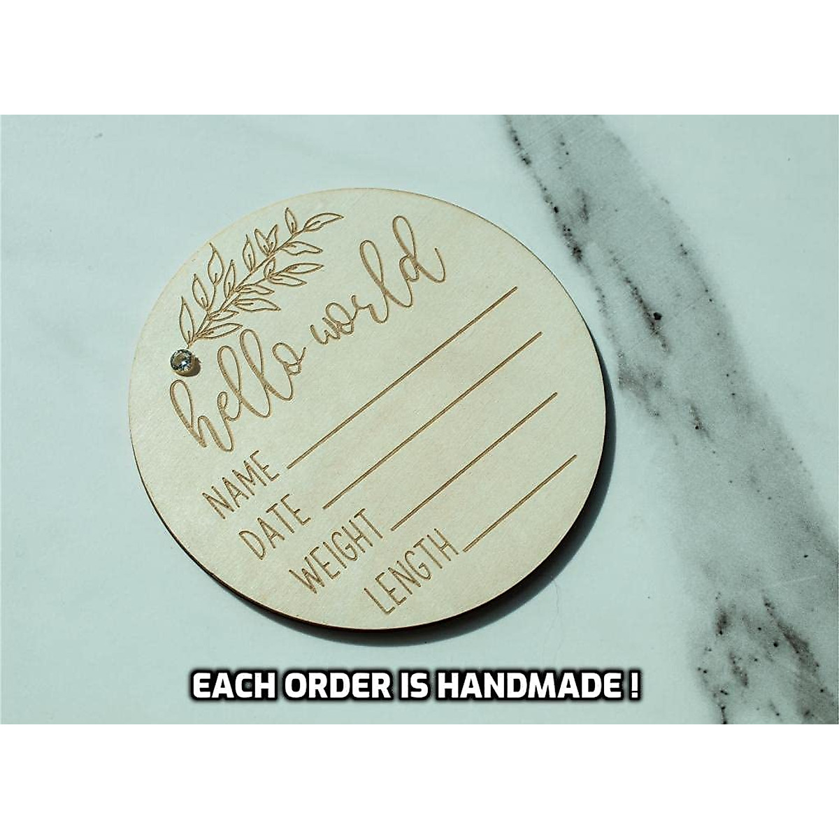 Baby Luv Hello World Announcement Sign with Custom Birthstone and Bonus Free Pen by BABY. Compact 4 Inch Birth Sign. Wooden Disc Announcements 1 Count. Newborn Sign-May, Green