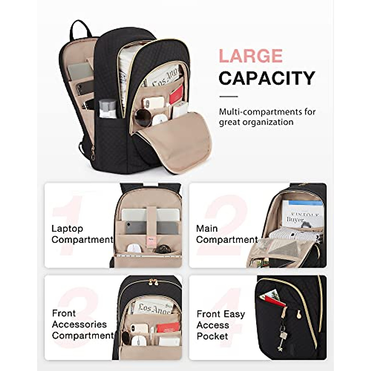 BAGSMART Backpack for Women & Electronics Organizer Set, College Must Haves, Travel Essentials for Women, Black