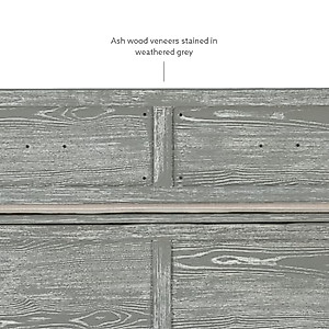 Linon Weathered Grey Carlton Storage Bench with Beige Upholstered Back and Cushioned Seat