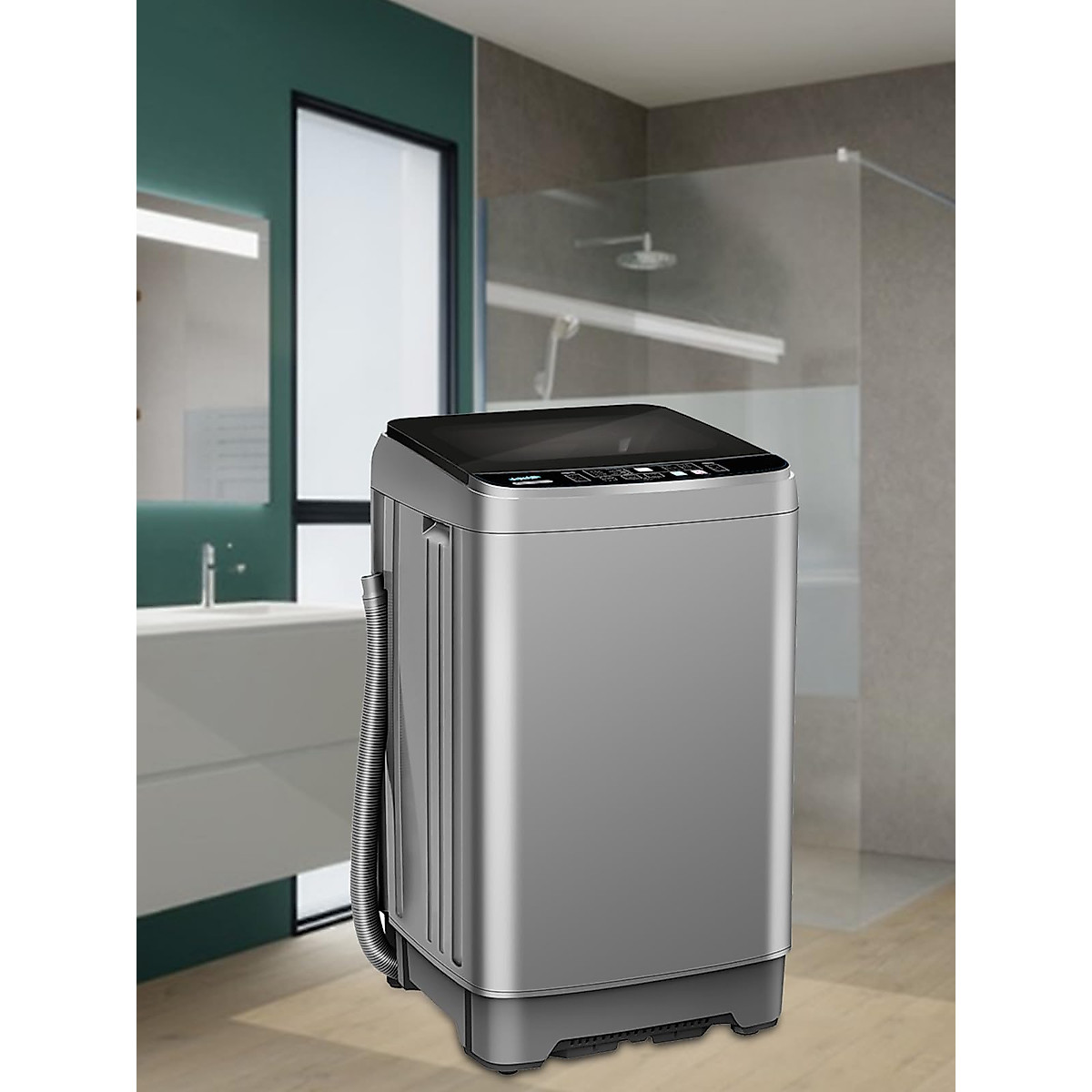 KRIB BLING Full Automatic Washing Machine with LED Display, 25 lbs Portable Washer Drain Pump, Come with a Glass Cover, 8 Programs & 8 Water Levels Selections, Ideal for Camping, Apartment, Dorm, Grey