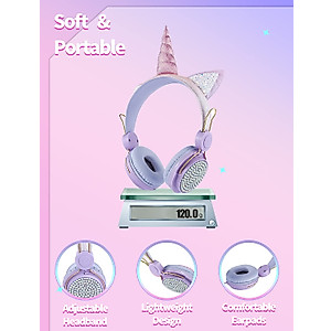 charlxee Kids Unicorns Headphones with Mic for School/Travel,95dB Volume Limited,Shareport,On/Over Ear Wired Headsets with Nylon Cable-Light Purple