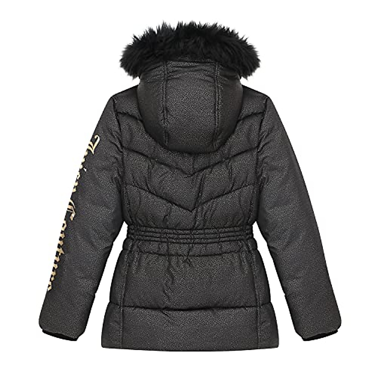Juicy Couture Girls Puffer Jacket, Laminated Bubble Kids Coat with Fur Hoodie, Black, Small