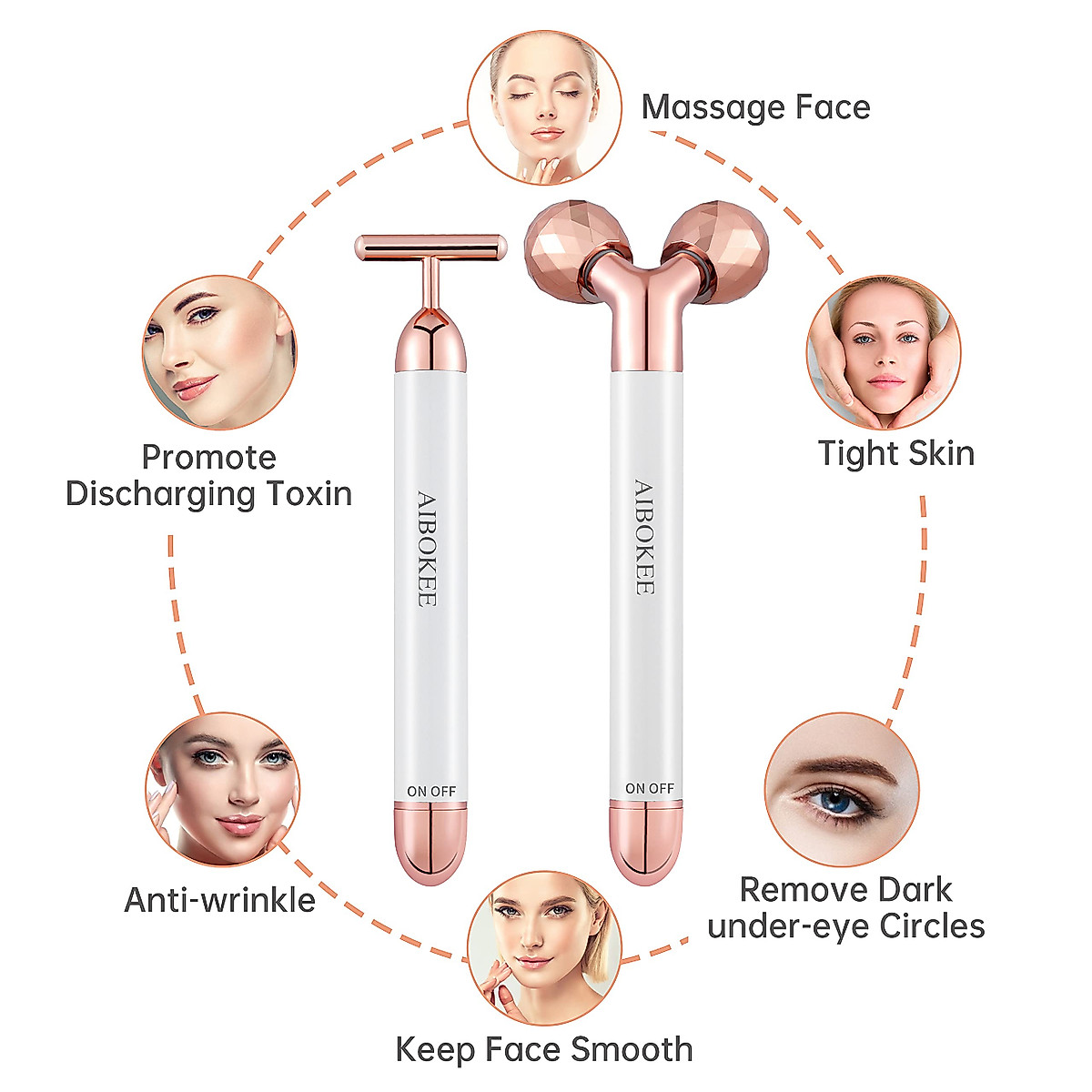 AIBOKEE 2 in 1 Face Massager Electric, 3D Face Massager Roller and T Shape Facial Massager Roller Vibrating,Skincare Tools for Face Arm Eye Waist Leg,Powered by One AA Battery（2 Piece Set）