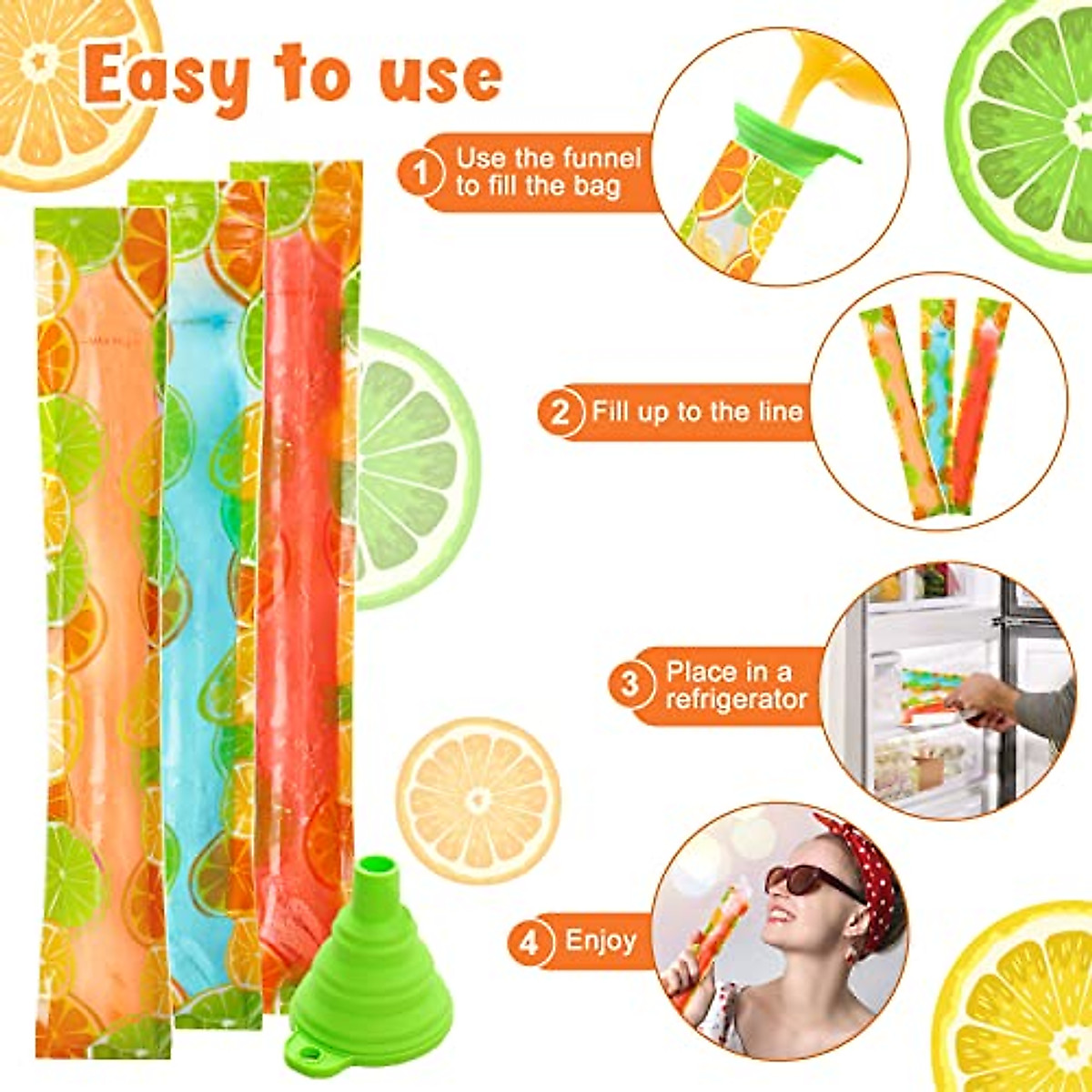200 Pack Popsicle Bags, Lemon Pattern Ice Pop Bags, 11x2'' Freeze Pop Bags for Kids Adults, Popsicle Molds Bags with Silicone Funnel for DIY Yogurt Tubes, Fruit Smoothies and Summer Ice Party Favors