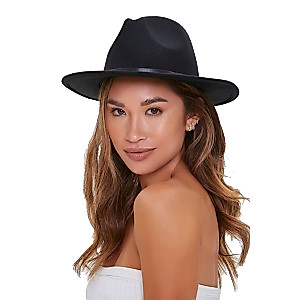 Womens Vintage Wide-Brim Fedora-Hat with Belt-Buckle Panama Hat for Women (Black 1pc, M:56-58cm/22.4-23.2inch)