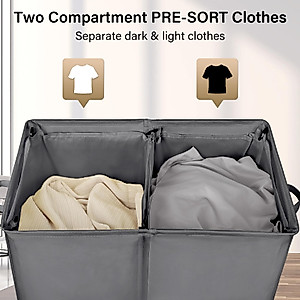 Double Laundry Hamper with Lid and 4 Removable Laundry Bags, Collapsible Laundry Hamper 2 Section Dirty Clothes Hamper with Handles for Laundry, Bedroom, Bathroom, Dorm, Grey