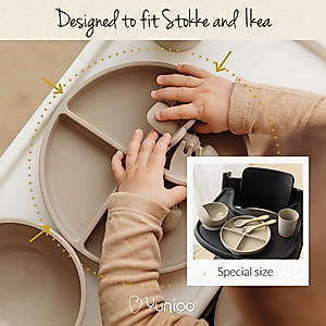 Yunioo Extra Heavy Silicone Baby Feeding Set Essentials, Premium 9-Piece Set of Baby Led Weaning Supplies with Silicone Baby Plate with Lid, Superior Suction Bowl and Baby Utensils - Beige