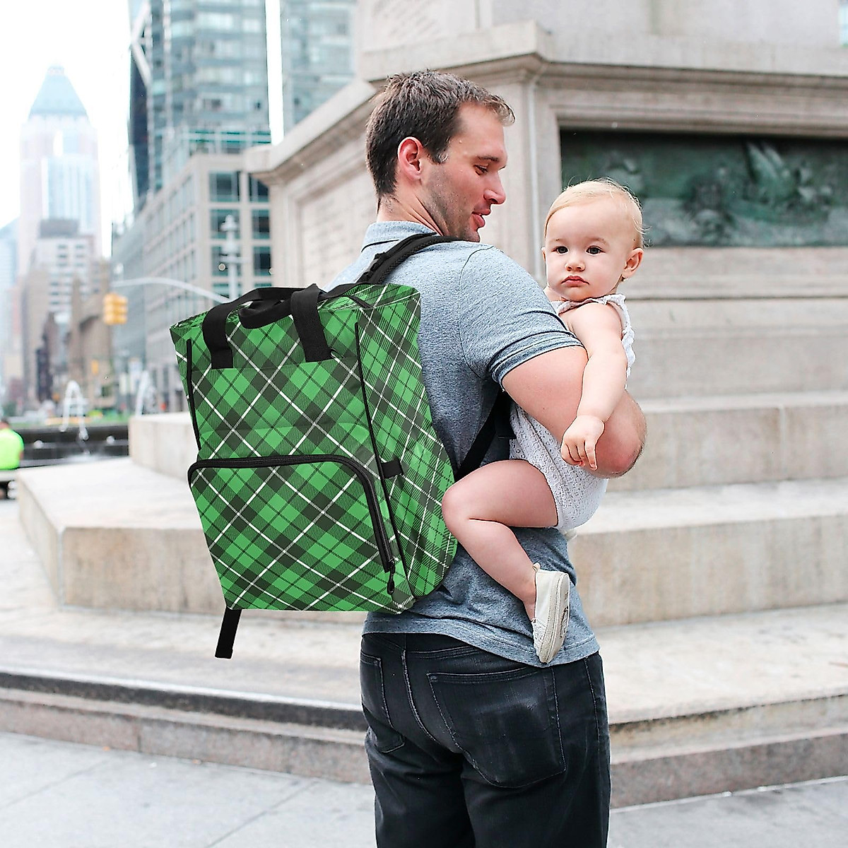 Jihqo Diaper Bag Backpack National Tartan Green Saint Patrick Travel Diaper Bags for Women, 10L Functional Baby Changing Bag with Insulted Pockets, Stroller Straps