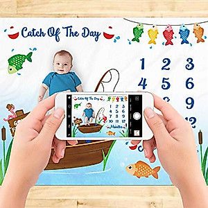 Gone Fishing Baby Monthly Milestone Blanket Little Fisherman Bobber Photo Prop Blanket The Big One Ideas for Newborn Boy and Girl Nursery Décor 40" X 50"
