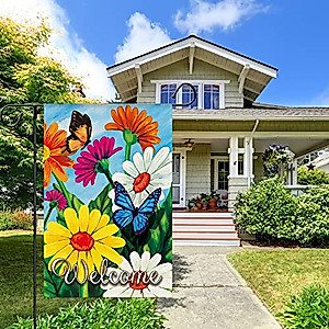 WODISON Welcome Floral Spring Summer Garden Flag, Butterfly Flowers Daisy Burlap Flag 12" x 18" Double Sided, Seasonal Outdoor Decoration For Yard Home (ONLY FLAG)
