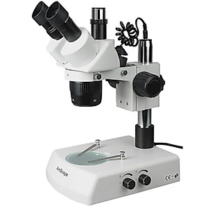 AmScope SW-2T24X Trinocular Stereo Microscope, WH10x Eyepieces, 10X/20X/40X Magnification, 2X/4X Objective, Upper and Lower Halogen Lighting, Pillar Stand, 110V-120V, Includes 0.5x Barlow Lens
