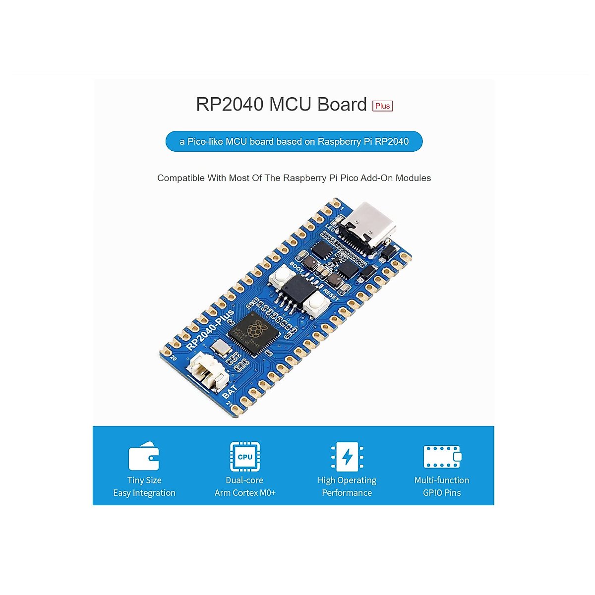 waveshare RP2040-Plus Mini Board High-Performance Pico-Like MCU Board Based on Raspberry Pi RP2040 Chip,Dual-core Arm Cortex M0+ Processor,USB-C Connector,Onboard 4MB Flash,Higher Current DC-DC Chip