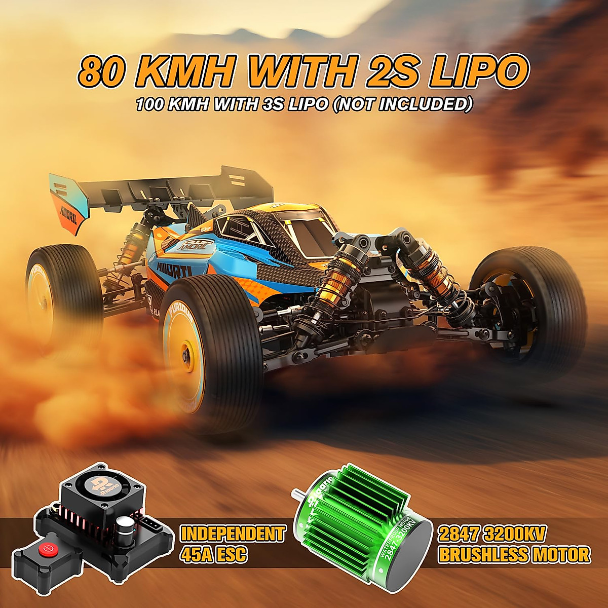 AMORIL 1:12 Fast Brushless RC Cars for Adults,Top Speed 100KM/H Remote Control Car with Independent ESC,3200KV Brushless Motor,3.5KG Metal Servo,Foam Tire,Sway Bar and Metal Rod,Orange