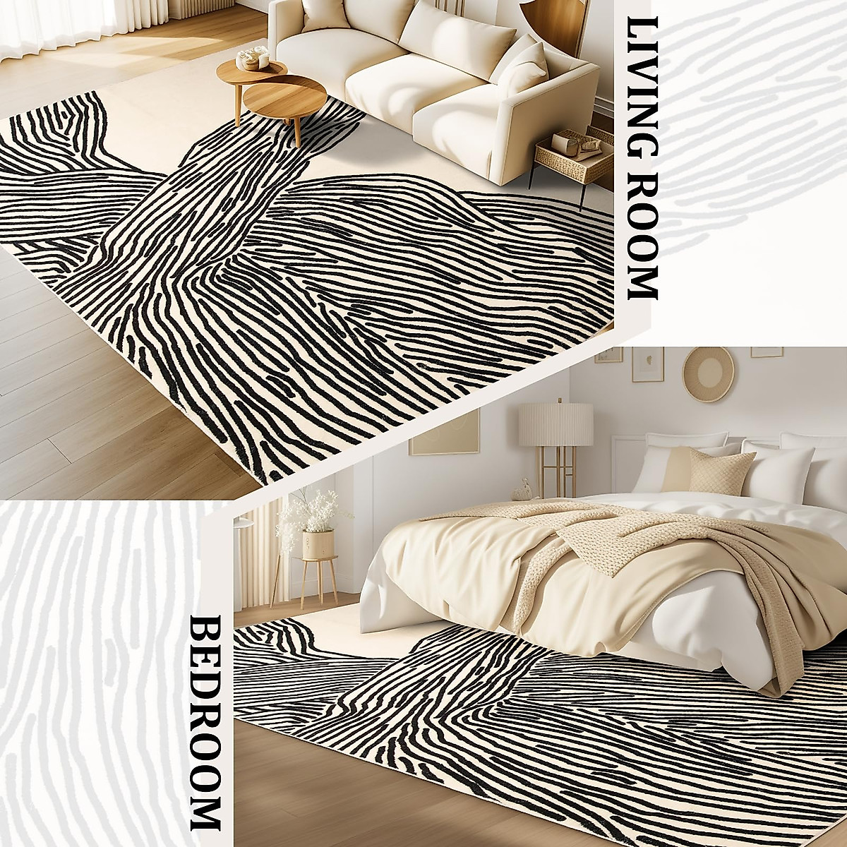 YIHOUSE 9×12 Ft Area Rugs Non-Shedding Washable Rug, Bedroom Living Room Dining Room Office Playroom Nursery Nonslip Modern Large Rugs Soft Faux Wool Contemporary Striped Rugs-Black and White Rug