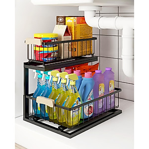 Lefipor Under Sink Organizer L-shaped. 2 Tier Pull Out Cabinet Organizer. Metal Sliding Shelf Storage. Slide Out Under Sink Storage Organizer for Kitchens, Bathrooms-Black