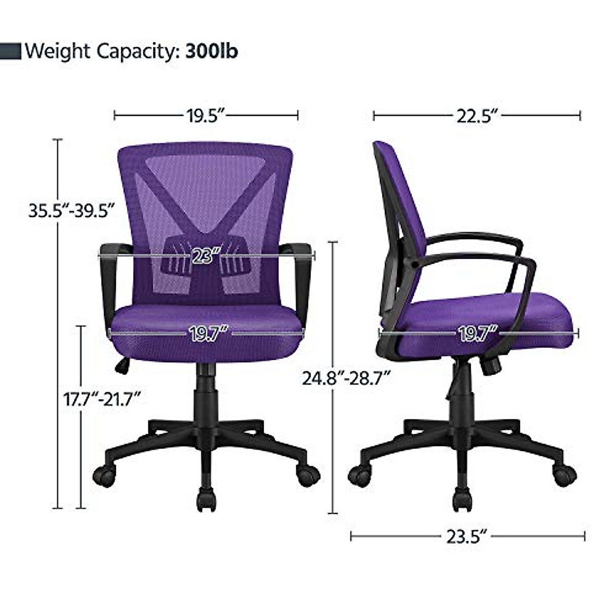 Topeakmart Office Chair Ergonomic Desk Chair Mid-Back Mesh Swivel Computer Chair Lumbar Support Comfortable Executive Adjustable Modern Rolling Task Chair with Armrests for Adults Women, Purple