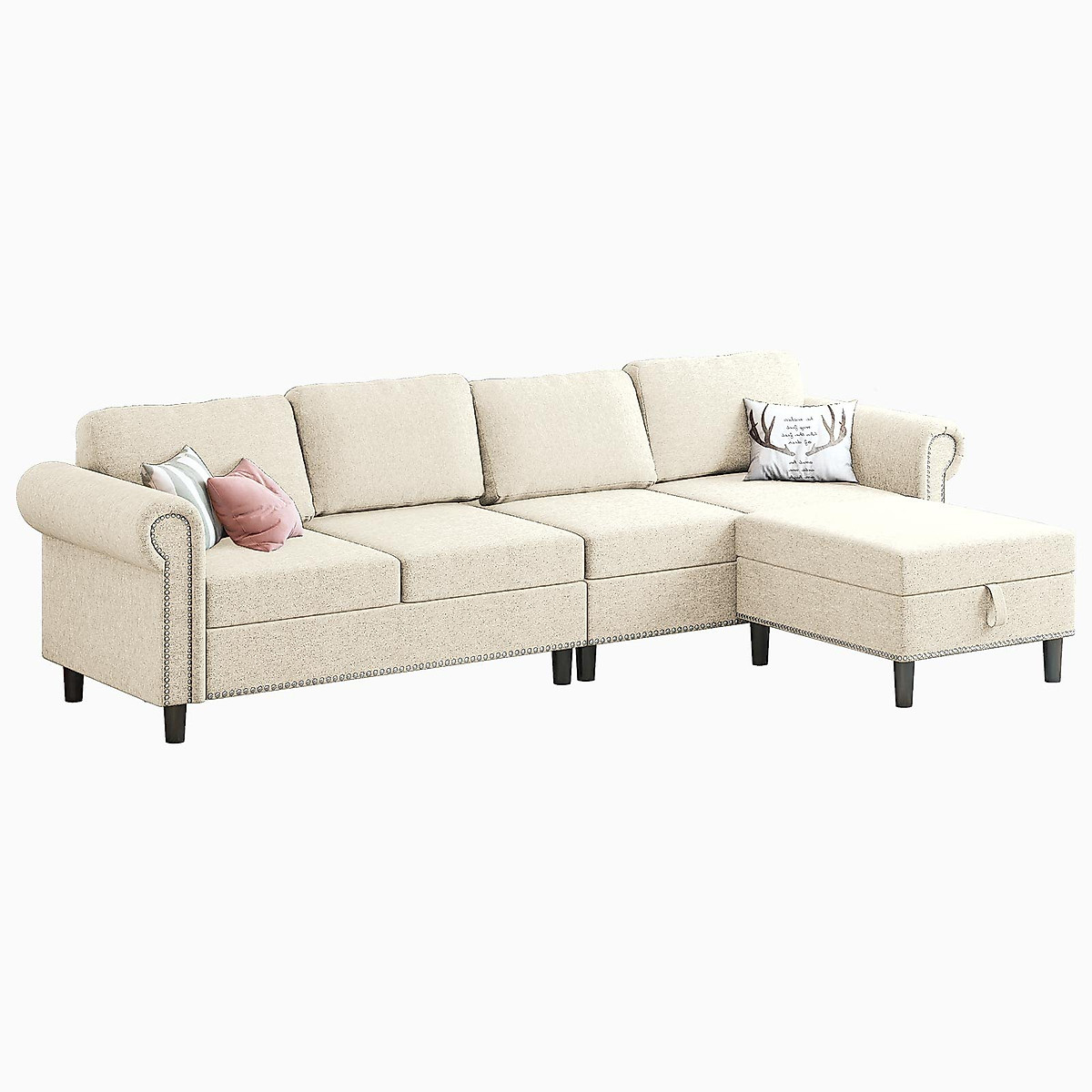 Mjkone L Shaped Sofa Couch, 4-Seat Oversized Sectional Sofa for Living Room, Convertible Modular Sofa with Storage Ottoman, Reversible Chaise with Footstool, Furniture Settee with Pouf - Beige