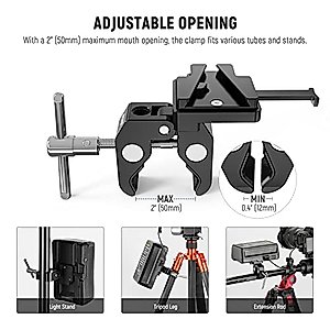 NEEWER Mini V Mount Battery Plate with Super Crab Clamp, V Lock Battery Clamp with QR Lock, Wider Open for Tripod Photography Light Stand C Stand Gimbal Shoulder Rig Compatible with SmallRig, PS003