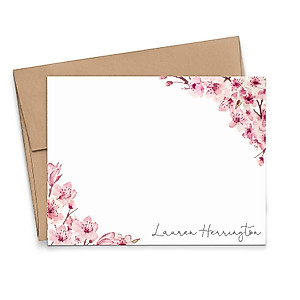 Cherry Blossom Floral Corners Personalized Stationary for Women, Personalized Floral Stationery with Envelopes, FLAT OR FOLDED NOTE CARDS, Notecards for Women, Your choice of Colors and Quantity