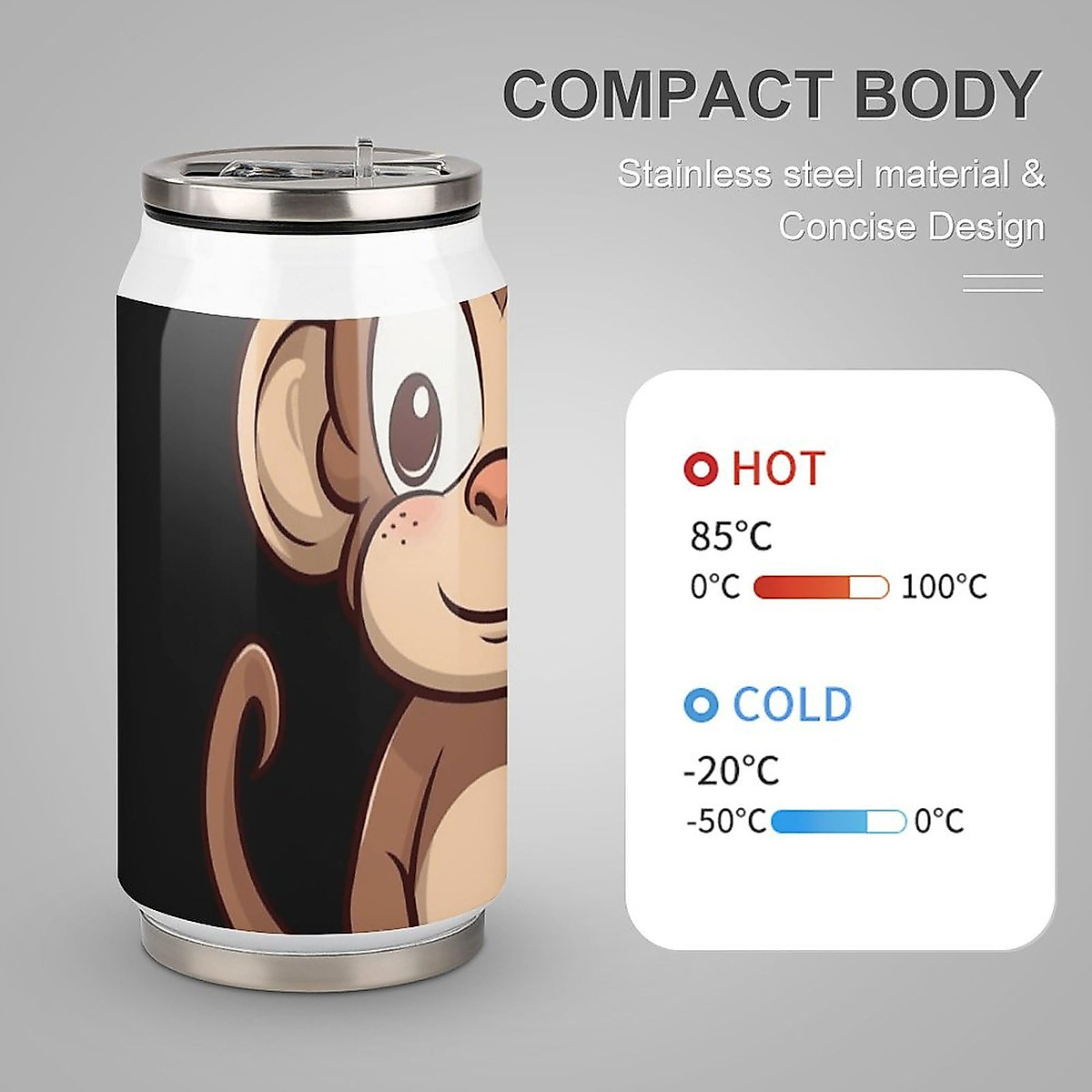 10 Oz Cartoon Brown Monkey Printed Drink Cup, Vacuum Insulated Thermos Cup with Straw Lid,Stainless Steel Travel Mug for Home Outdoor